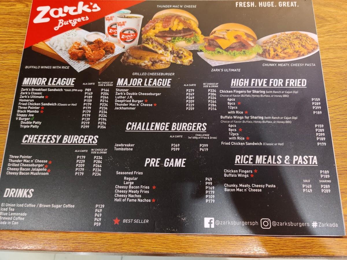 Menu at Zark's Burgers restaurant, Bacoor, Rfc