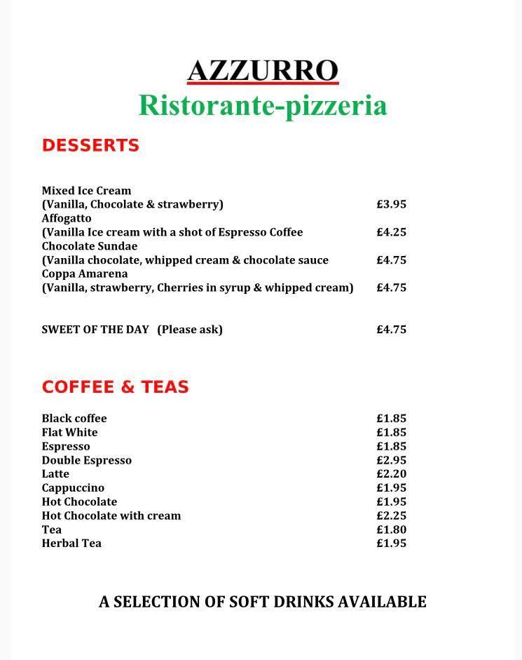 Menu at Azzurro Restaurant Pizzeria, Arbroath