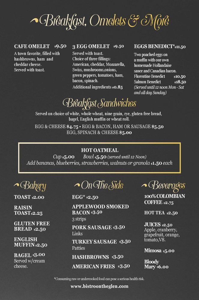 Menu at Bistro on the Glen cafe, Glendale