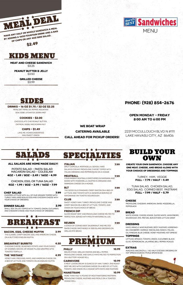 Menu at Born's Best Sandwiches restaurant, Lake Havasu City