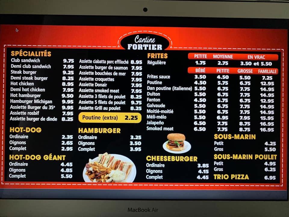 Menu at Cantine Fortier restaurant, Amqui