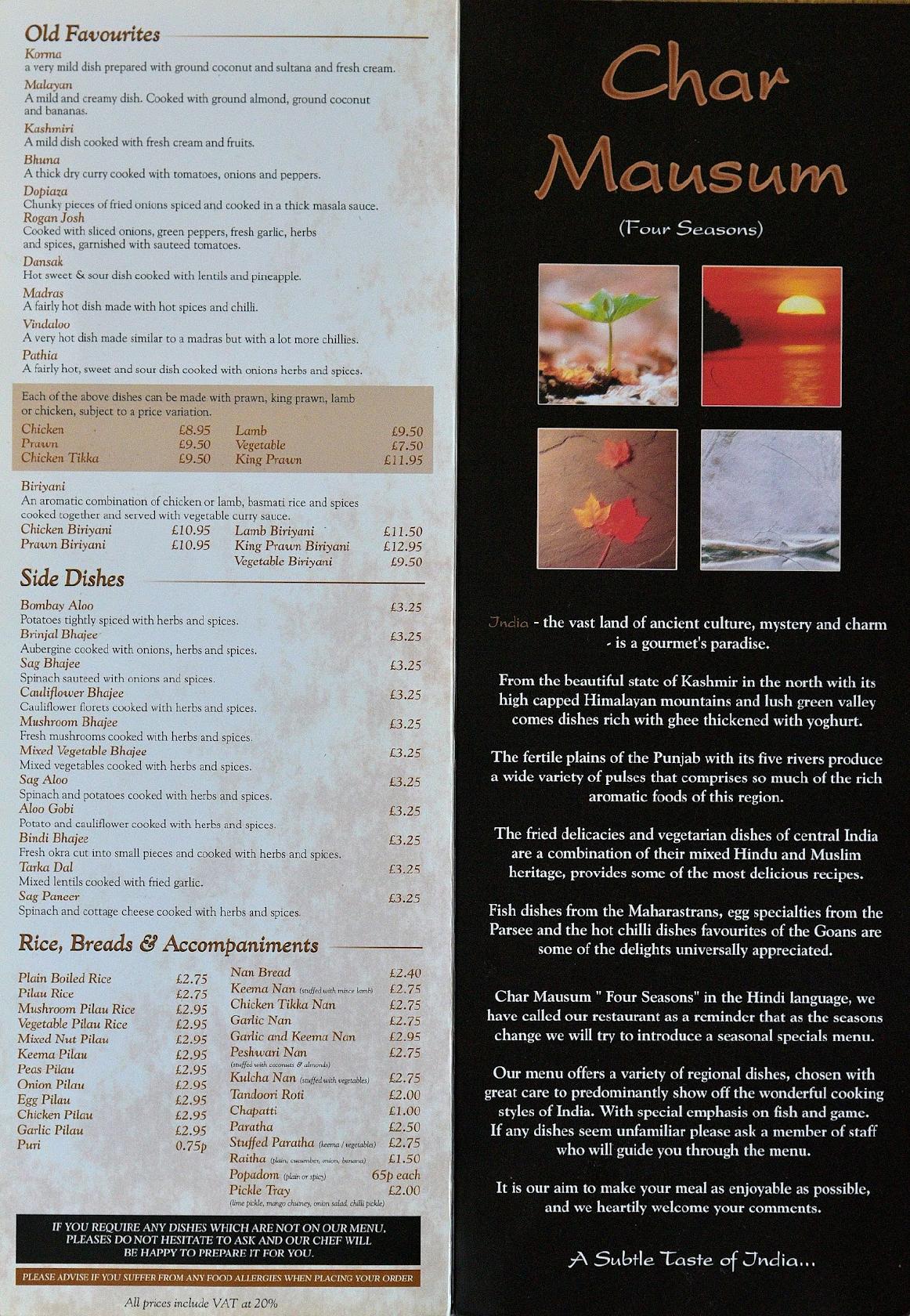 Menu at Char Mausum Indian Restaurant, Morpeth