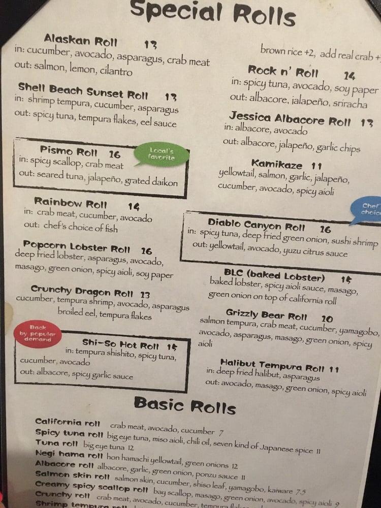 Menu at Kanpai Sushi restaurant, Pismo Beach