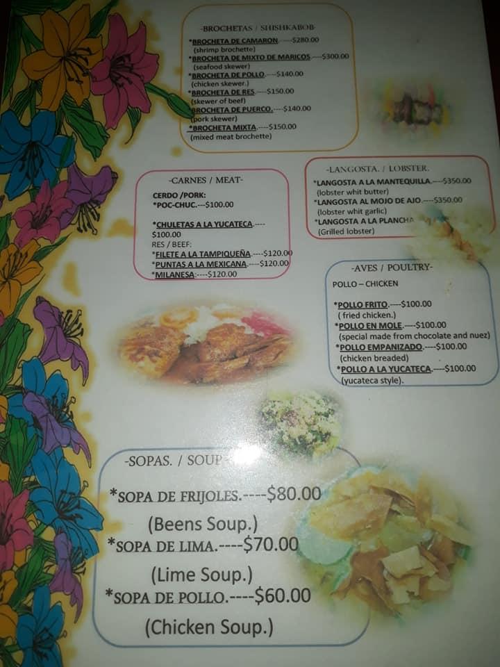 Menu at La Lomita restaurant, Isla Mujeres