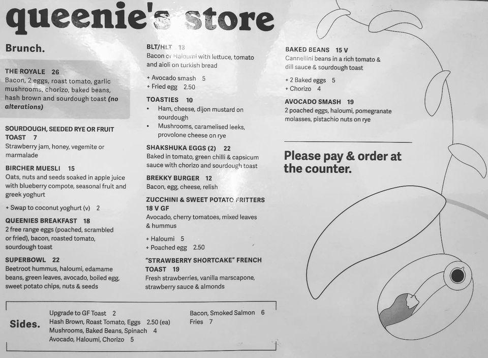 Menu at Queenies Store pizzeria, Largs Bay