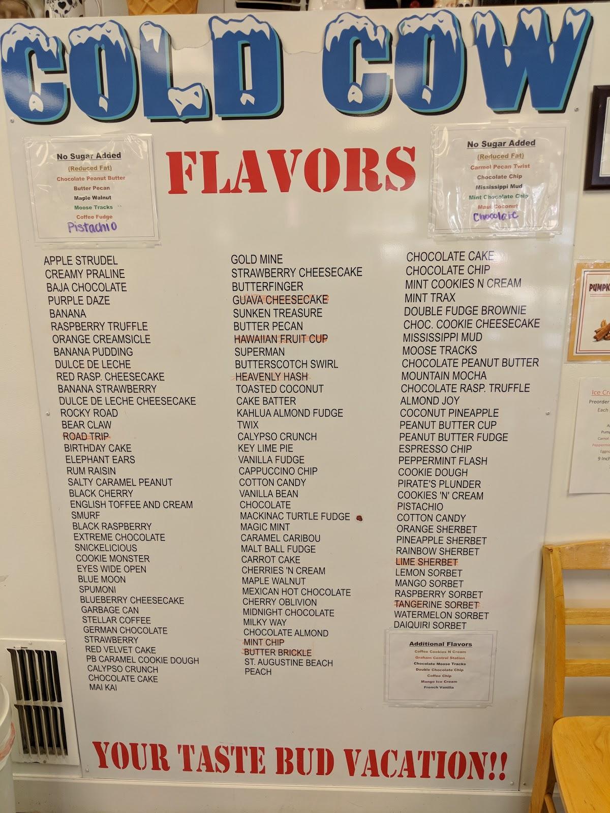 Menu at Cold Cow, St. Augustine, 938 Santa Maria Blvd