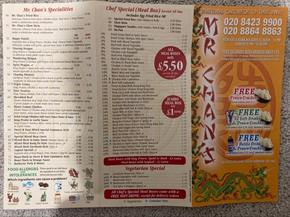 Menu at Mr Chans restaurant, Harrow, 346 Eastcote Ln