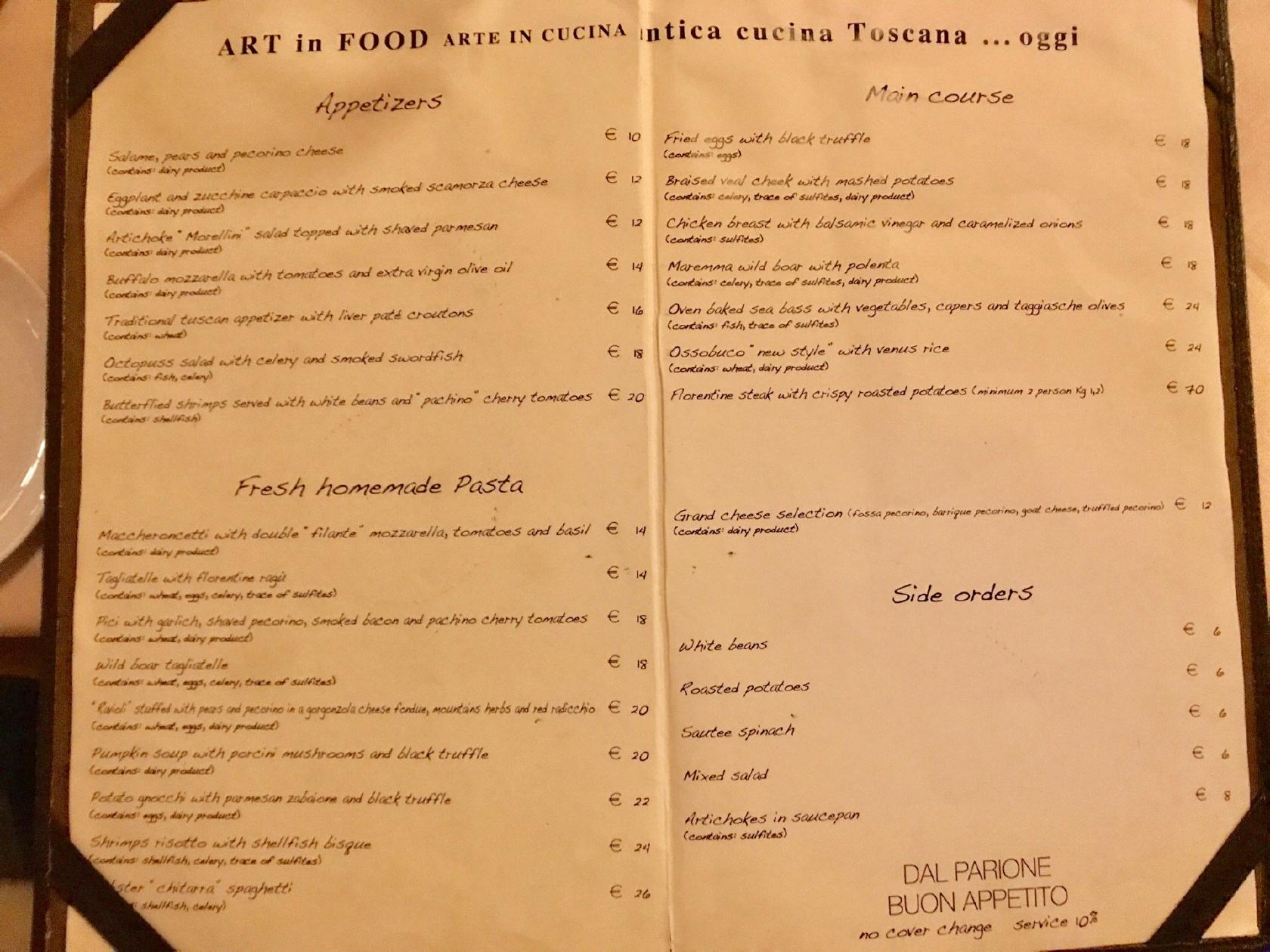 Menu at Parione pub & bar, Florence, Via del Parione