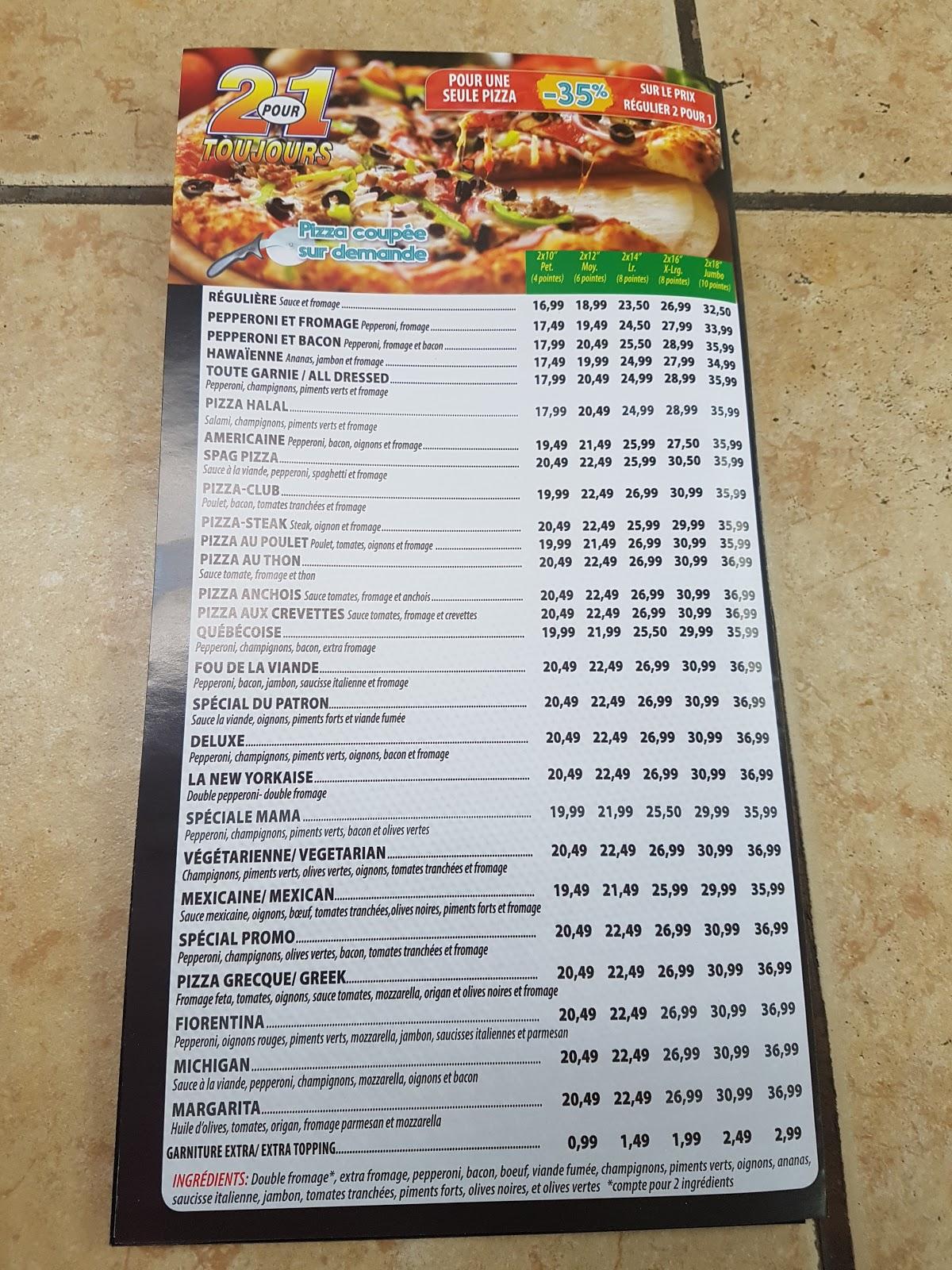 Menu au Pizza Promo restaurant, Montréal, 4e Rue