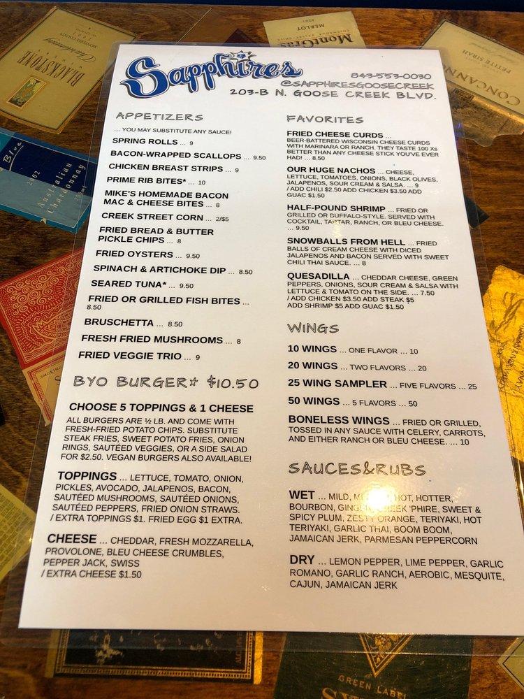 Menu at Sapphires Sports Bar and Grill, Goose Creek