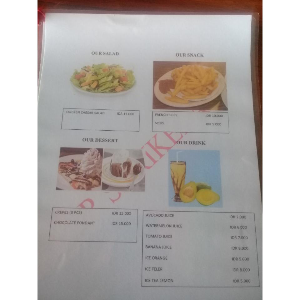 Carta del restaurante Sari Kebab, Semarapura