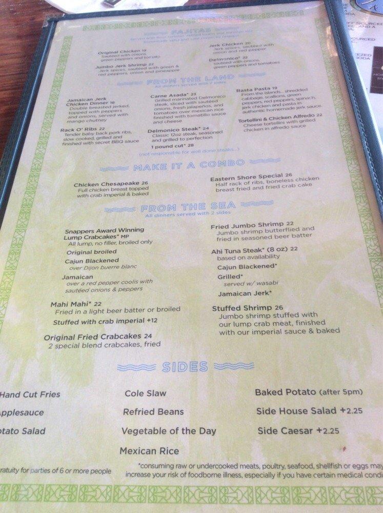 Menu at Snappers Waterfront Cafe & Tiki Bar, Cambridge