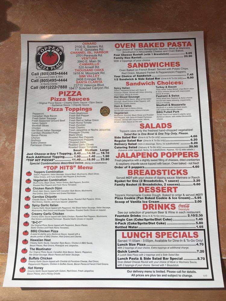 Menu at Toppers Pizza Place pizzeria, Oxnard, 111 E Gonzales Rd
