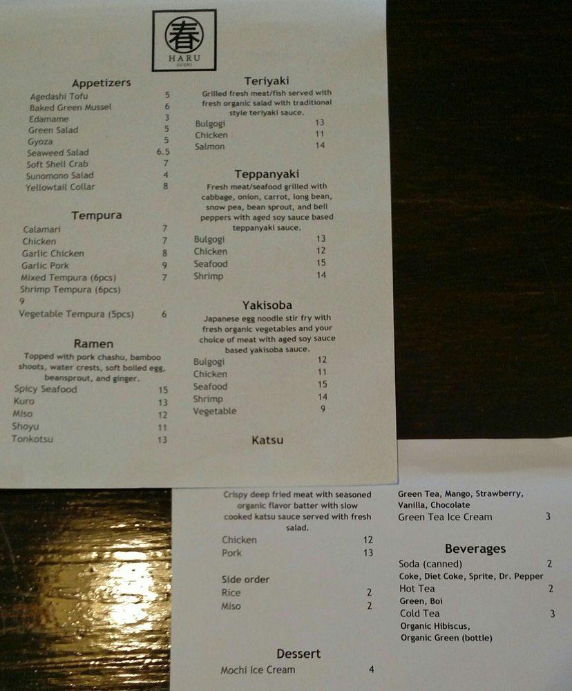 Menu at Haru sushi restaurant, San Diego, Girard Ave