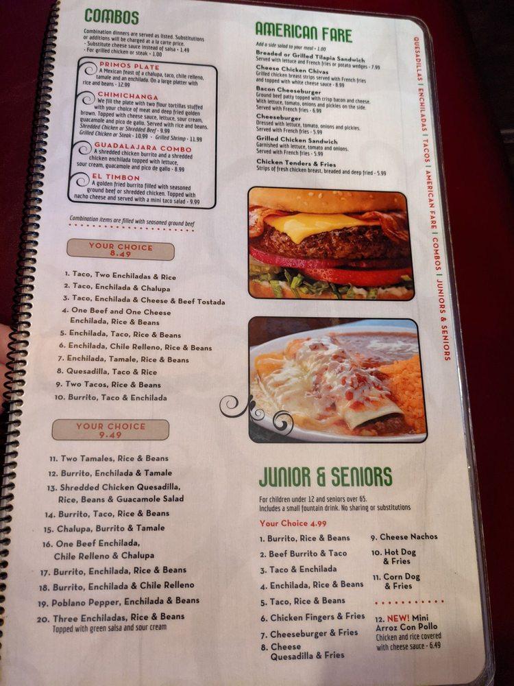 Menu at Los Primos Mexican restaurant, Hidden Valley