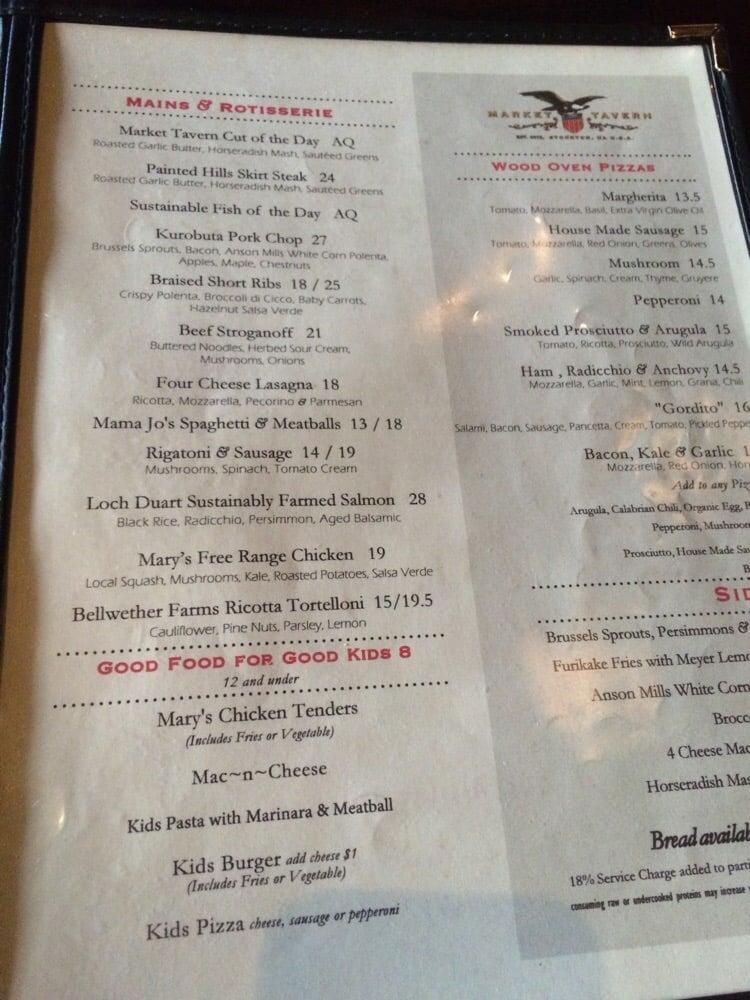 Menu at Market Tavern pizzeria, Stockton