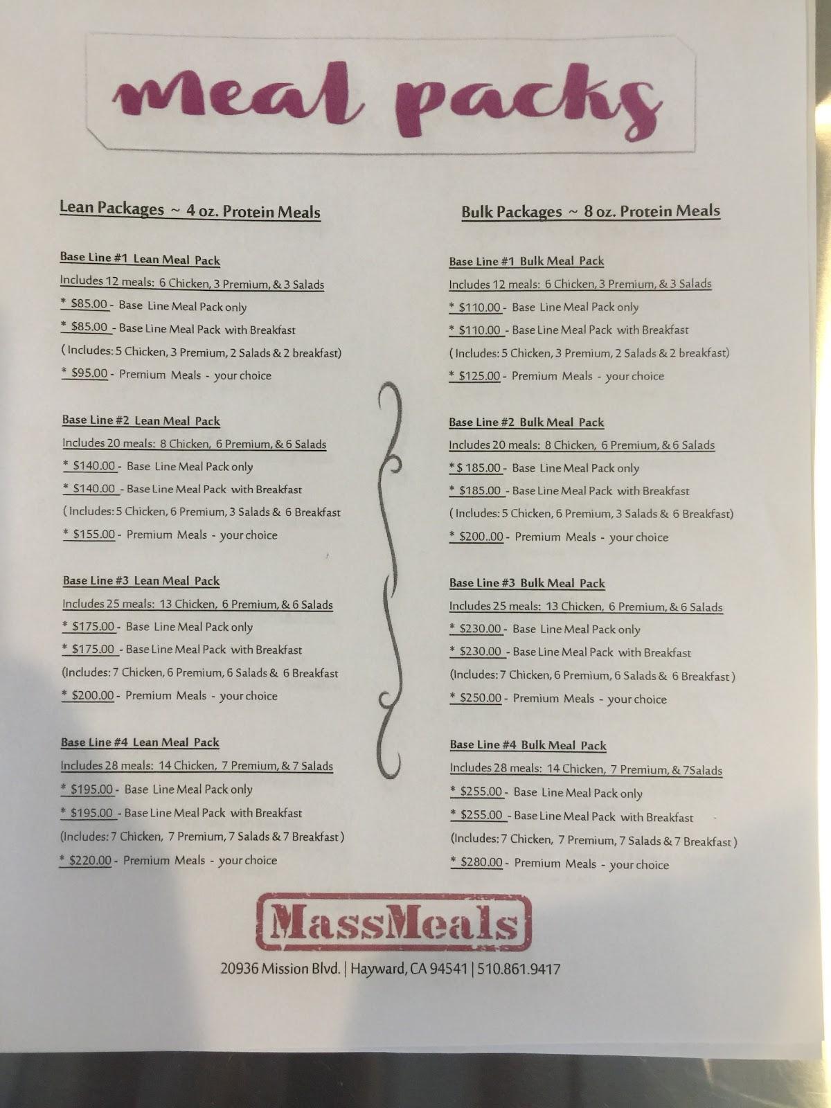 Menu at Mass Meals restaurant, Hayward