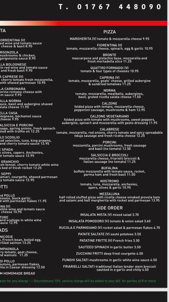 Menu at O'Sarracino restaurant, Sandy