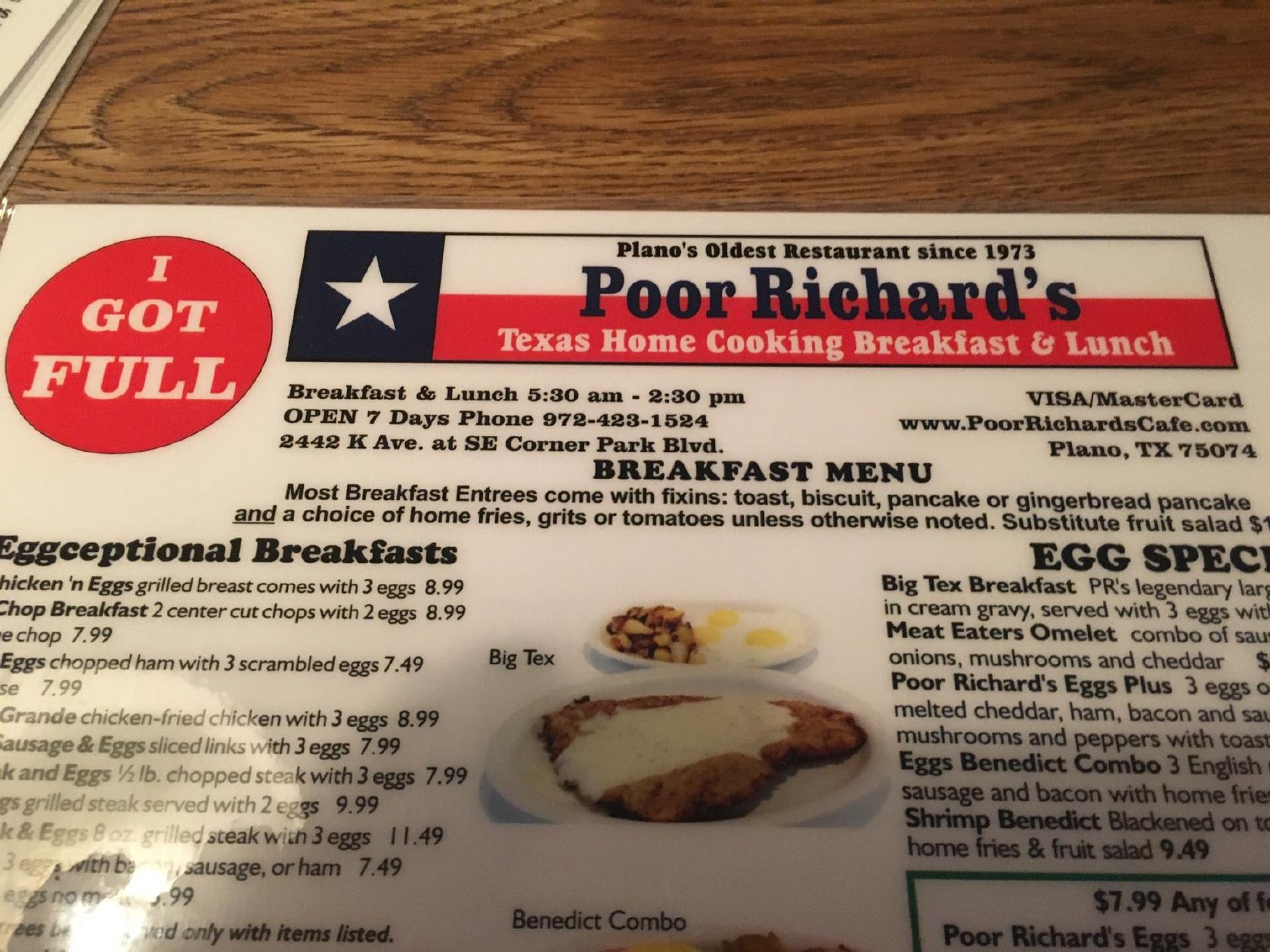 Menu at Poor Richard's Cafe, Plano