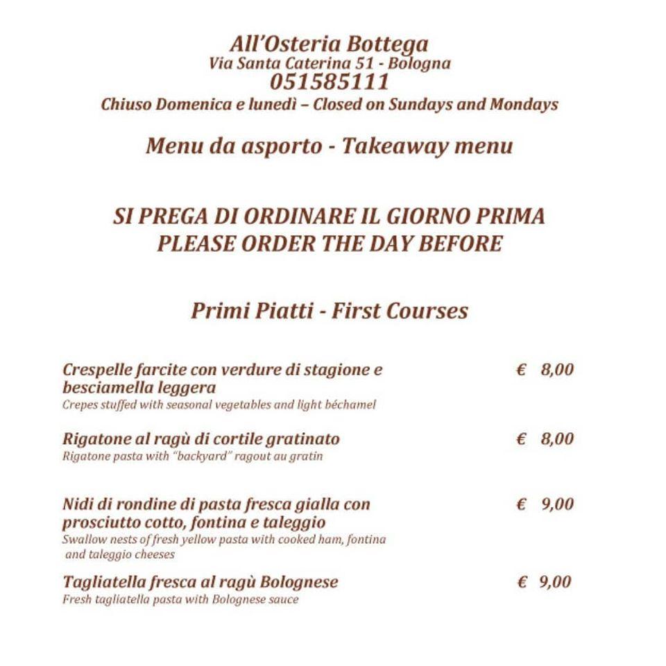 Menu at All'Osteria Bottega restaurant, Bologna