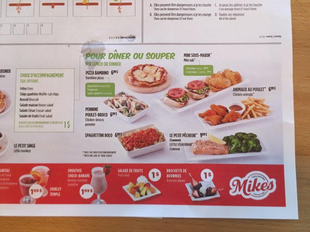 Menu au Toujours Mikes pizzeria, Berthierville, Bd Gilles Villeneuve