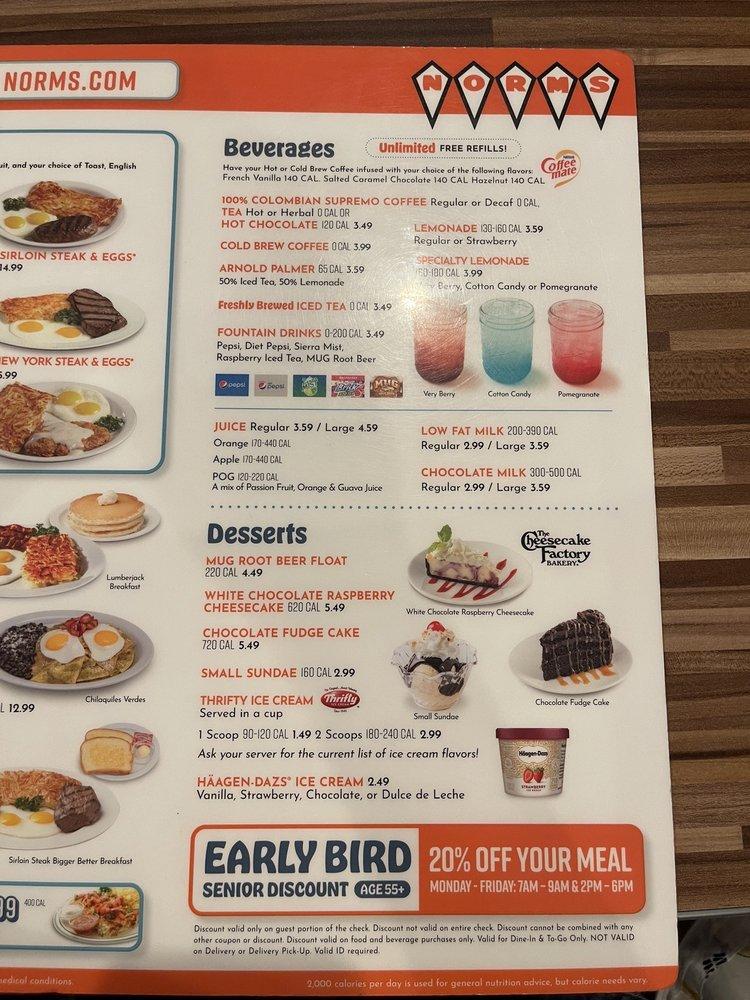 Menu at NORMS Restaurant, Rialto, W Renaissance Pkwy