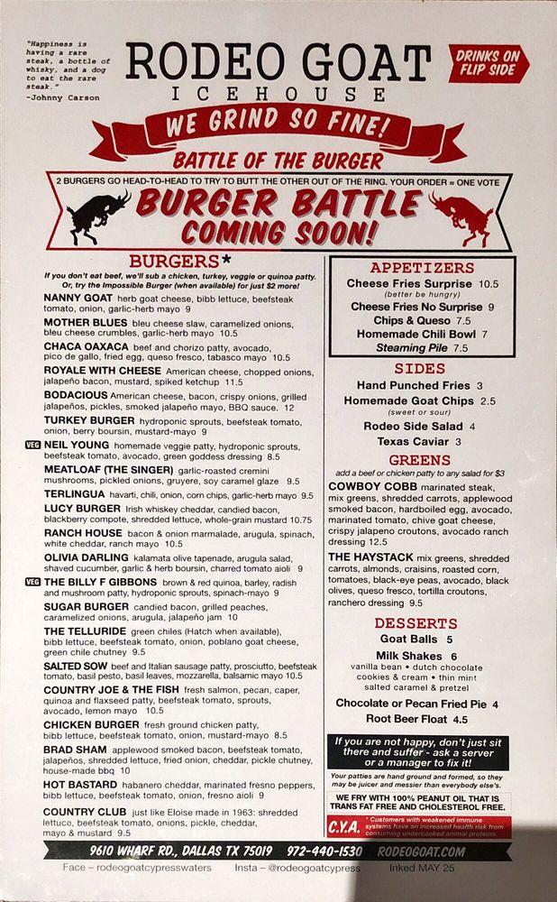 Menu at Rodeo Goat Cypress Waters restaurant, Dallas, Wharf Rd