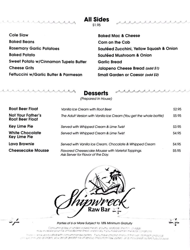 Menu at Shipwreck Raw Bar, Mexico Beach