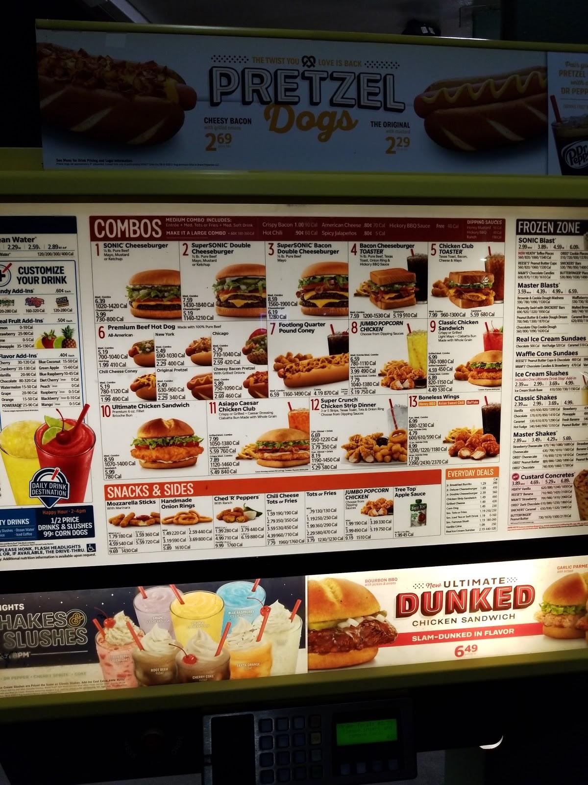 Menu at Sonic Drive-In fast food, Virginia Beach, Holland Rd