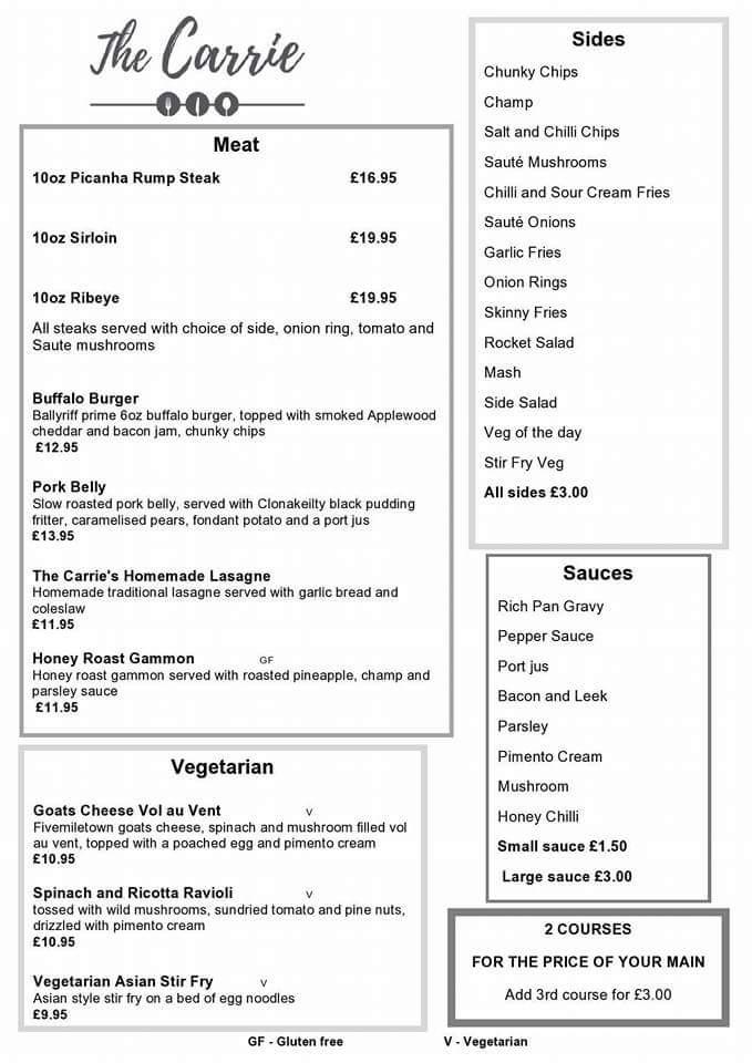 Menu at The Carrie Restaurant, Kells