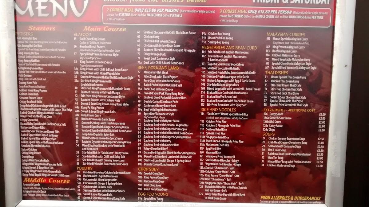 Menu at The Gold Coast Restaurant, Southend-on-Sea