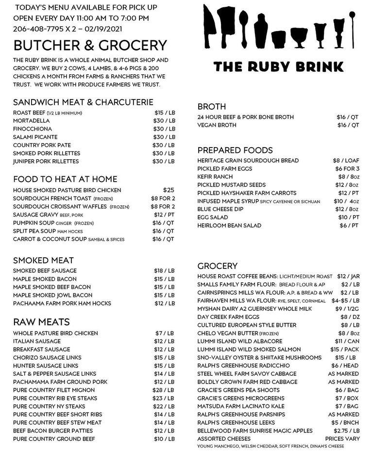 Menu at The Ruby Brink pub & bar, Vashon
