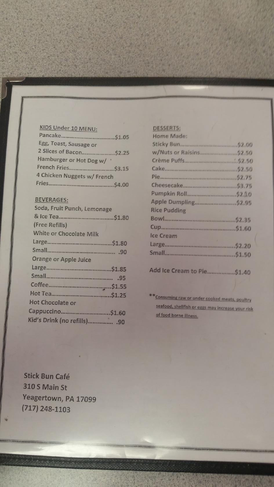 Menu at The Sticky Bun Cafe, Yeagertown, 310 S Main St G