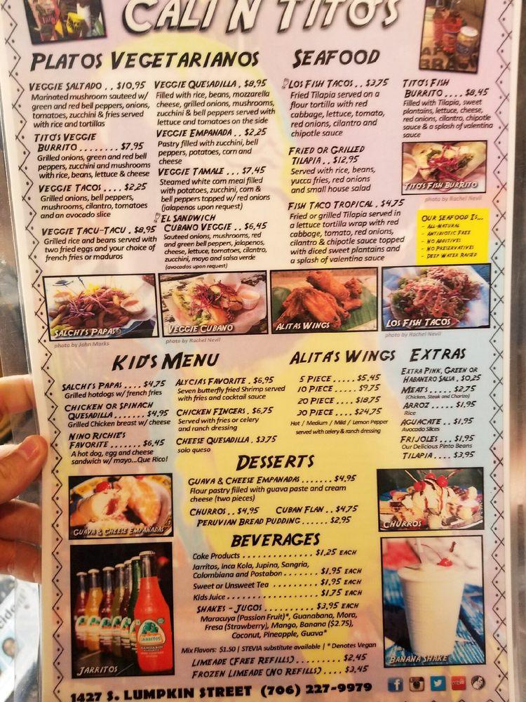 Menu at Cali N Tito's restaurant, Athens, S Lumpkin St