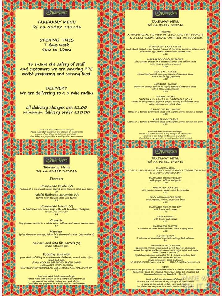 Menu at Marrakech Avenue restaurant, Hull