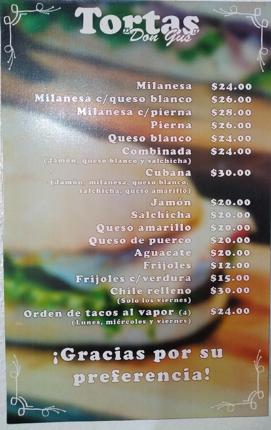 Carta del restaurante Tortas "Don Gus"., Morelia