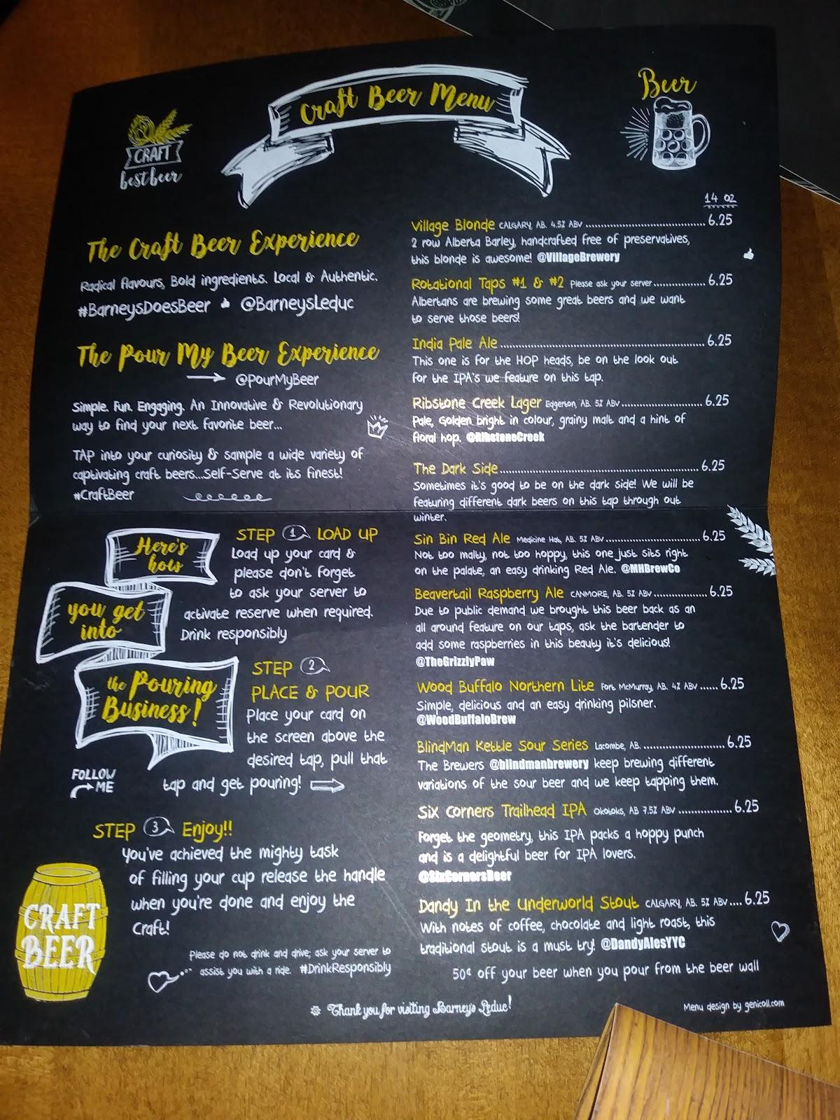 Menu at Barney's Leduc, Leduc