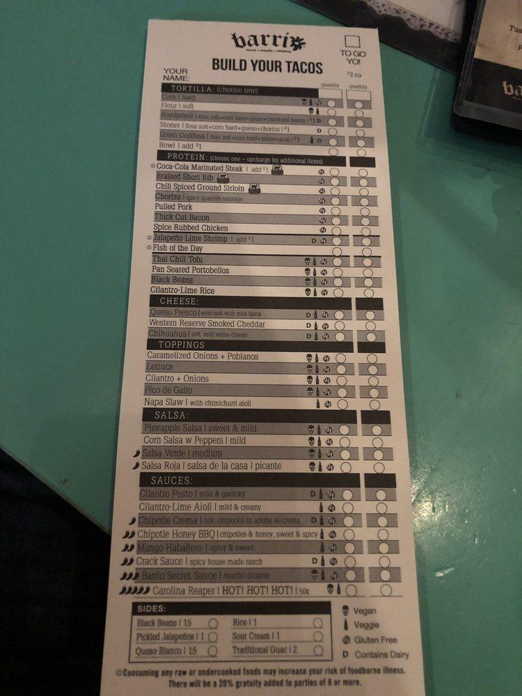 Menu at Barrio Cleveland Heights, Cleveland Heights