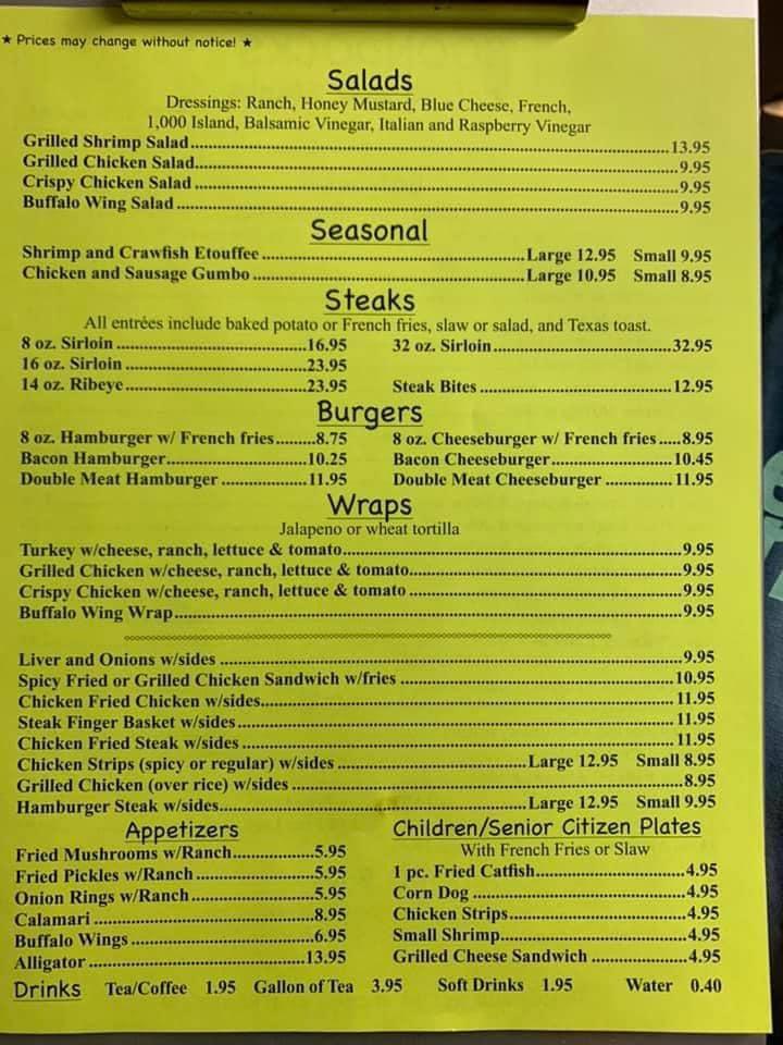 Menu at Boondocks Seafood restaurant, Brady