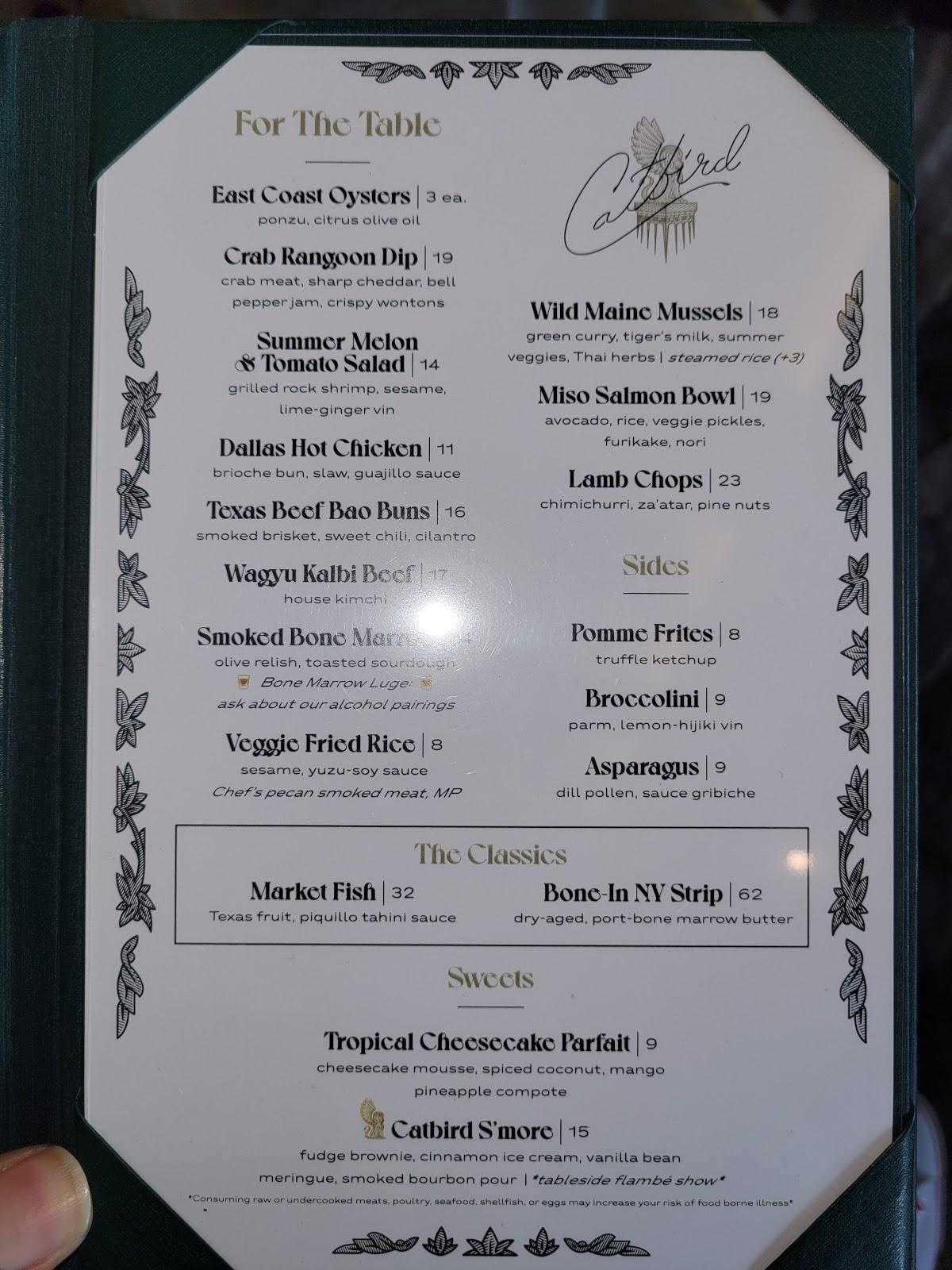 Menu at Catbird restaurant, Dallas