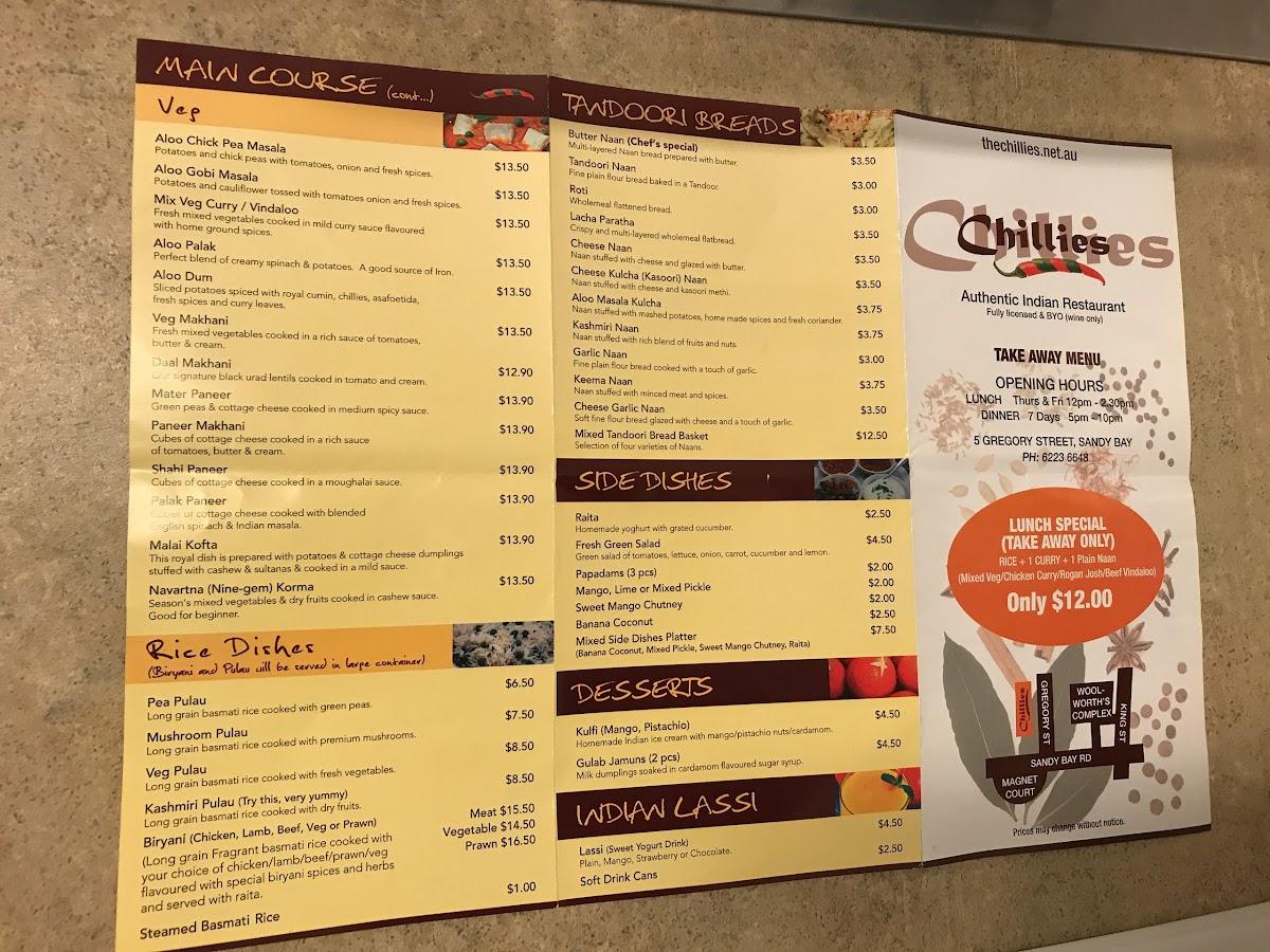 Menu at Chillies Indian and Nepalese Restaurant, Sandy Bay