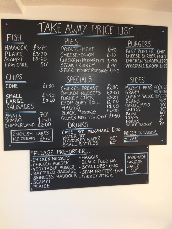 Menu at Chippy Bank cafe, Ulverston