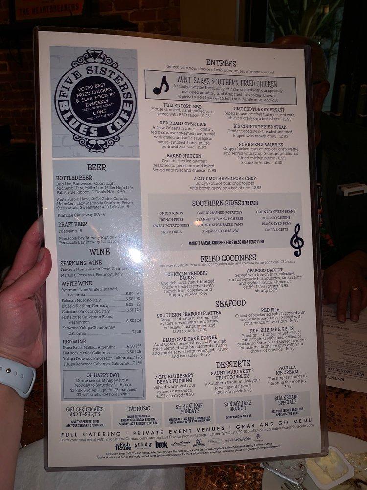 Menu at Five Sisters Blues Cafe, Pensacola