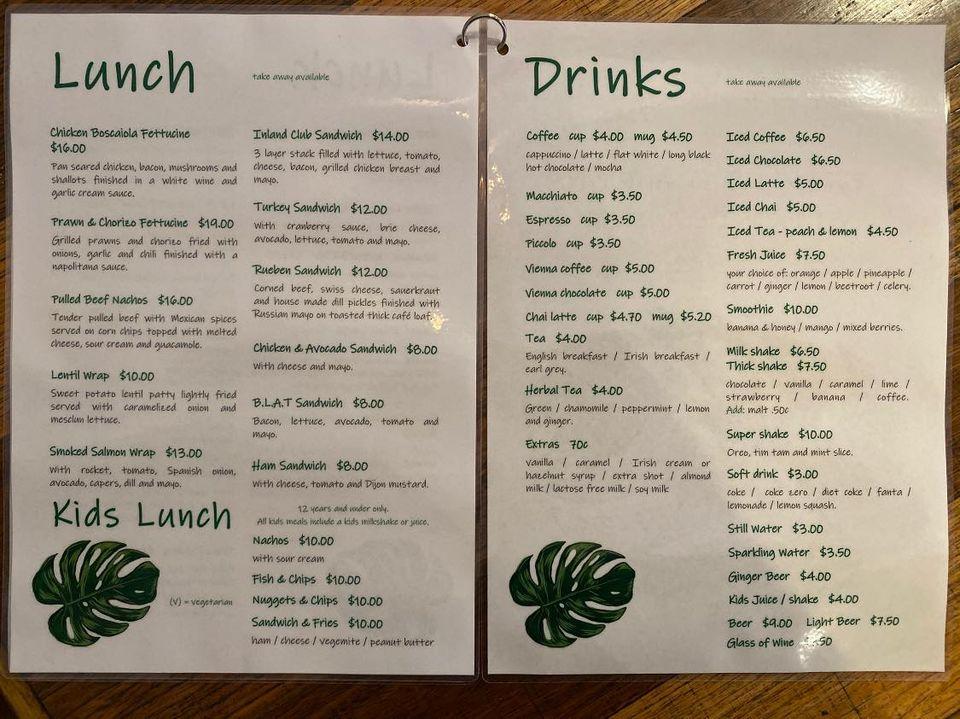 Menu at Inland Cafe, Tamworth