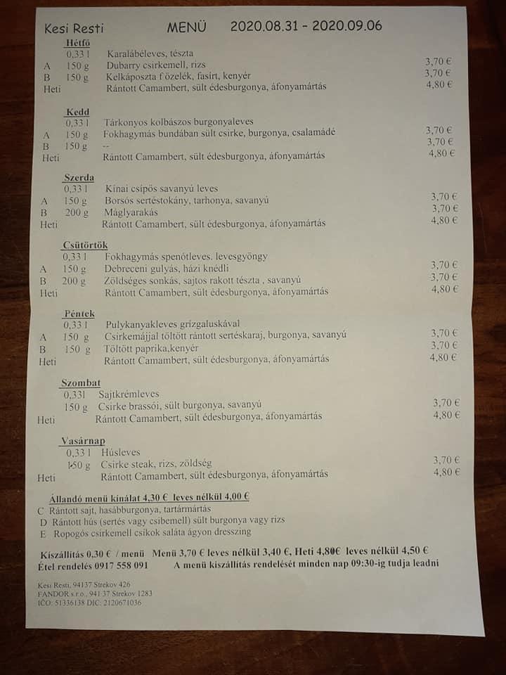Menu at KESI Restaurant, Strekov, Strekov 425