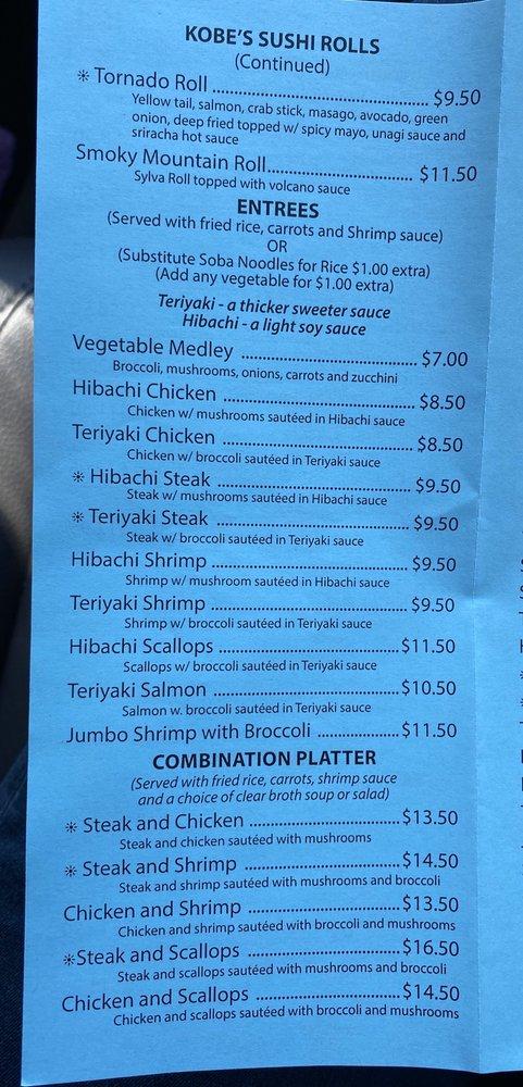 Menu at Kobe Express restaurant, Cherokee