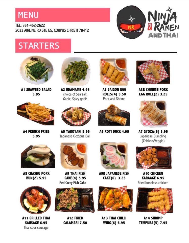 Menu at Ninja Ramen and Thai restaurant, Corpus Christi