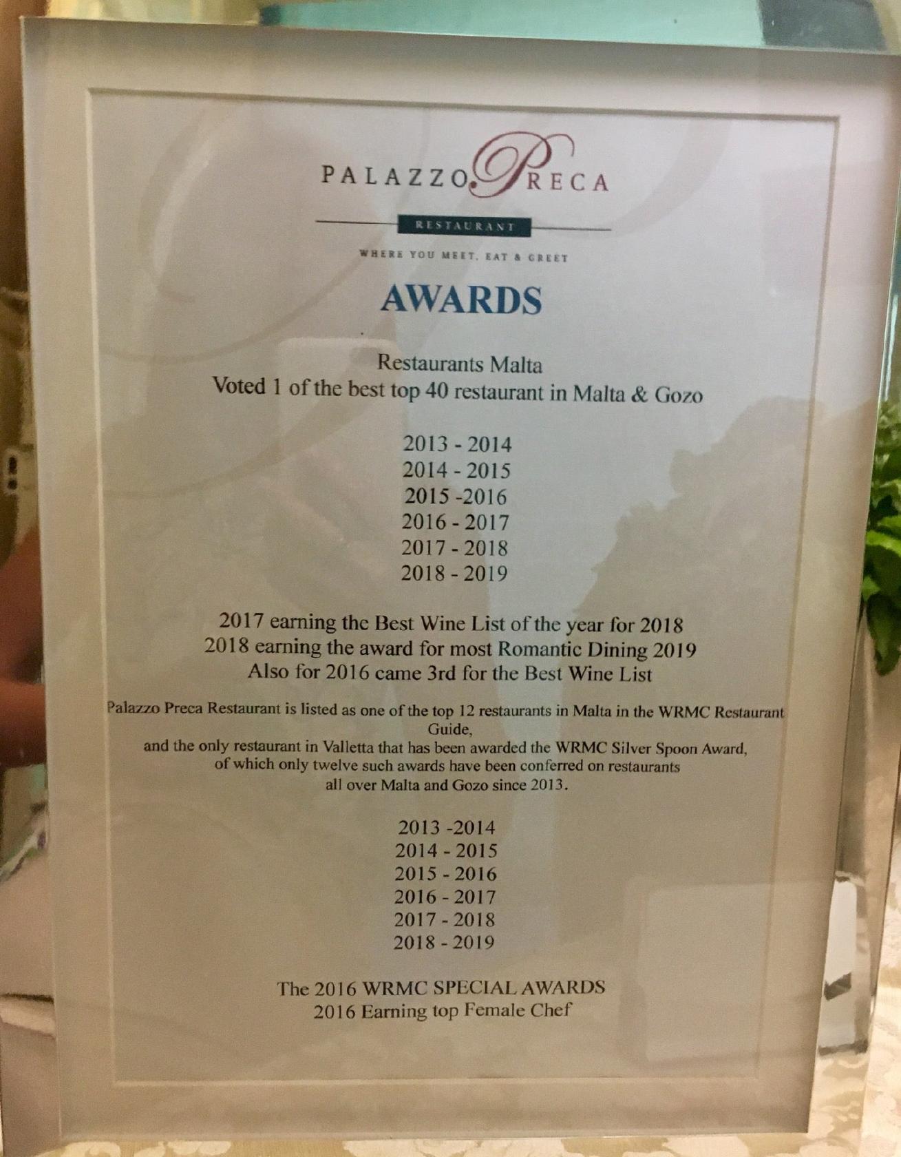 Menu at Palazzo Preca Restaurant, Valletta