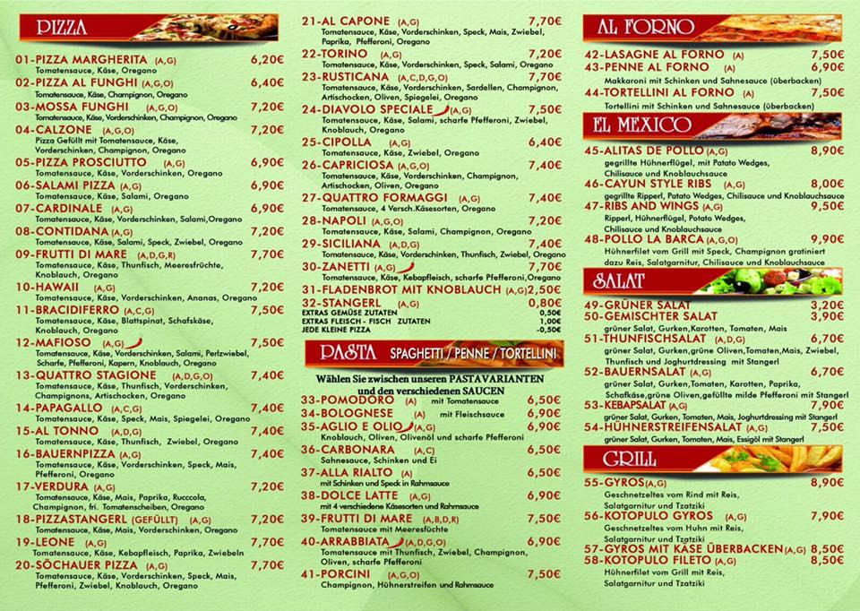 Menu at Pizzeria Leone, Vöcklabruck