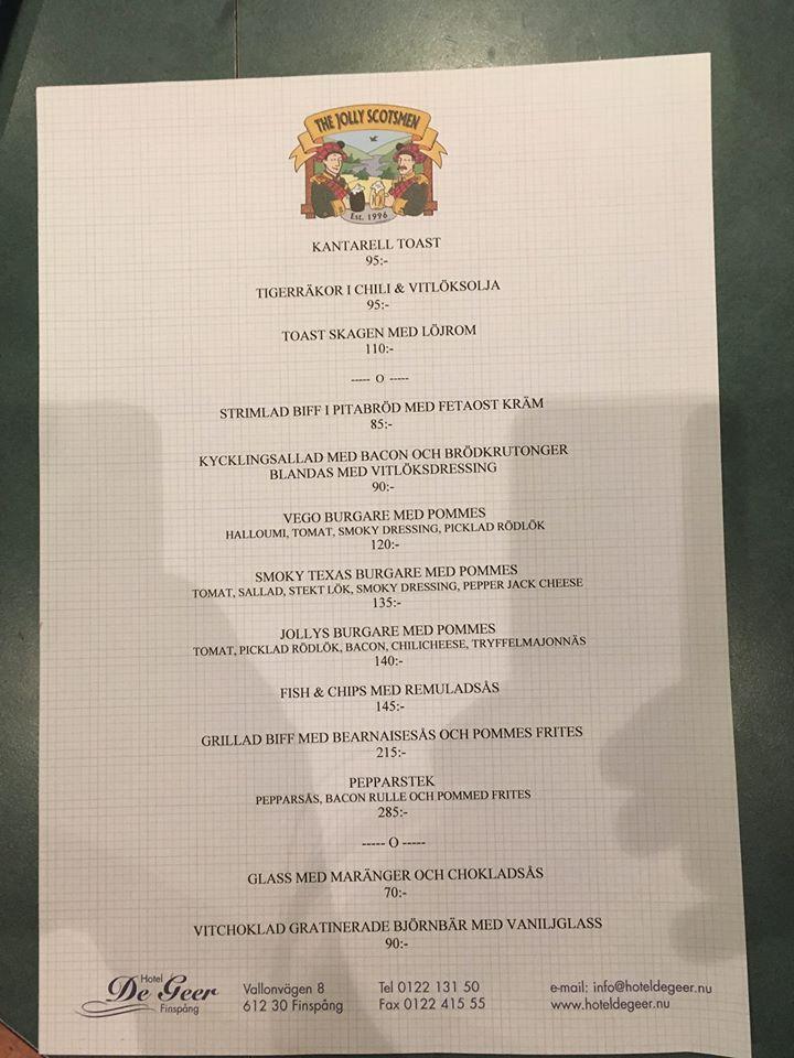 Menu at Jolly’s restaurant, Finspång